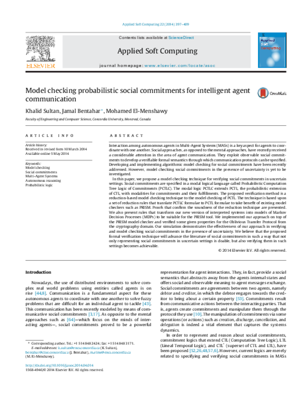 (PDF) Model checking probabilistic social commitments for intelligent agent communication