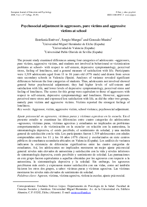 (PDF) Psychosocial adjustment in aggressors, pure victims and ...