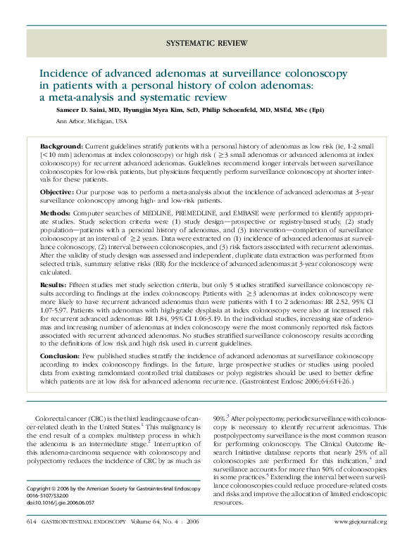 (PDF) Incidence of advanced adenomas at surveillance colonoscopy in ...