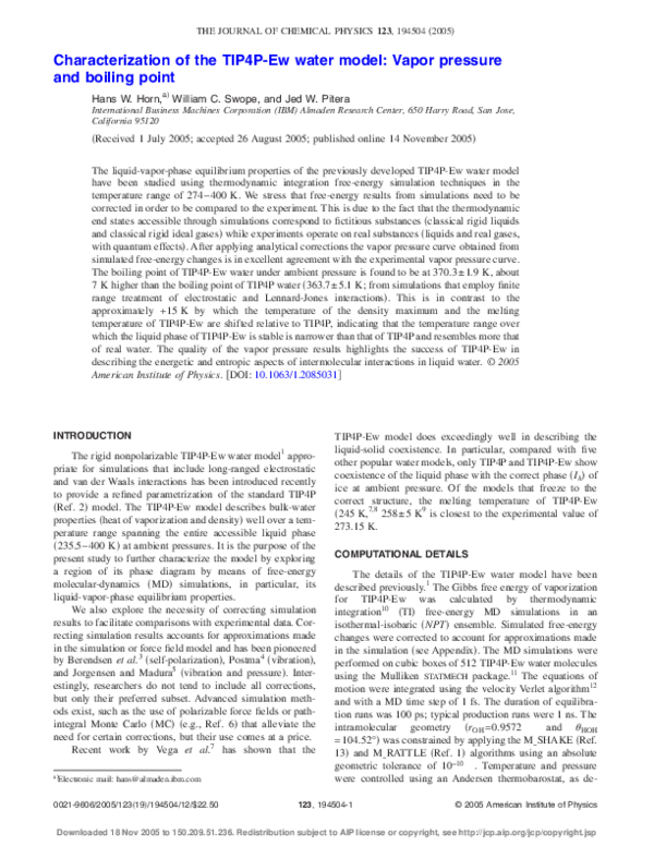 (PDF) Characterization of the TIP4P-Ew water model: Vapor pressure and ...