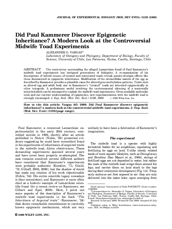 (PDF) Did Paul Kammerer Discover Epigenetic Inheritance? A Modern Look ...