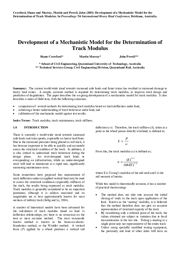 (PDF) Development of a Mechanistic Model for the Determination of Track Modulus