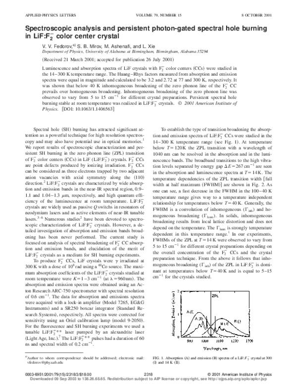 (PDF) Spectroscopic analysis and persistent photon-gated spectral hole ...