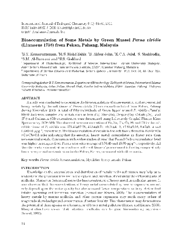 (PDF) Bioaccumulation of Some Metals by Green Mussel Perna viridis ...