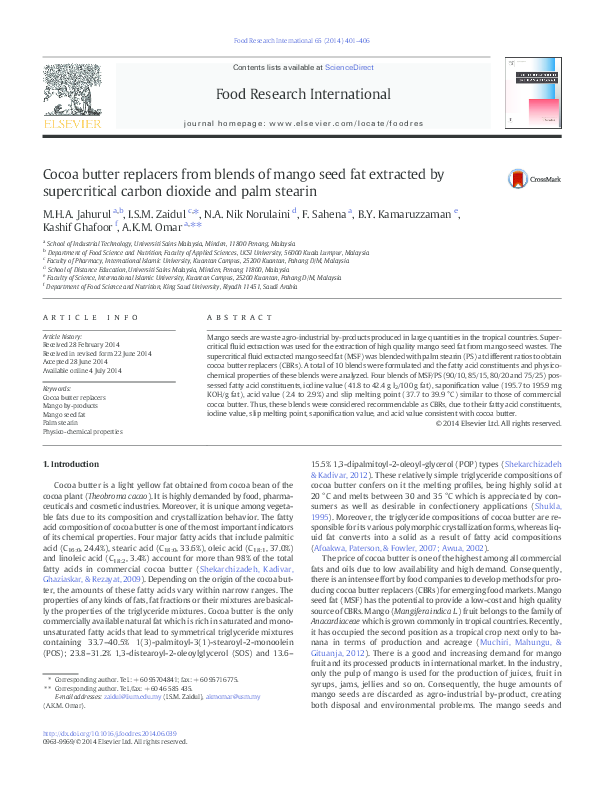 (PDF) Cocoa butter replacers from blends of mango seed fat extracted by supercritical carbon ...