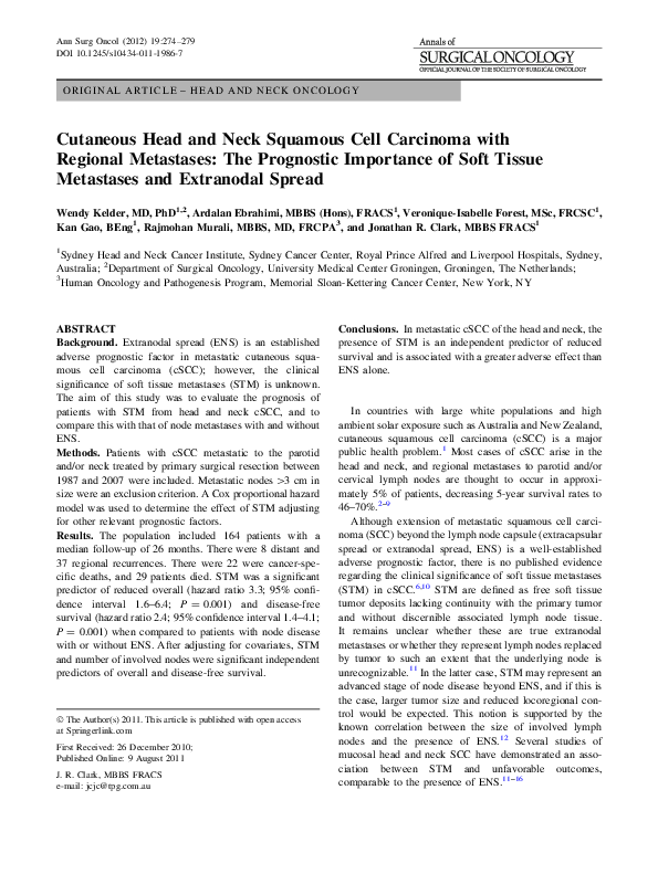 (PDF) Cutaneous Head and Neck Squamous Cell Carcinoma with Regional Metastases: The Prognostic ...