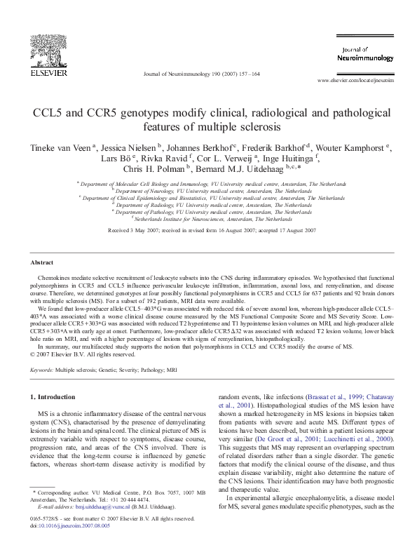 (PDF) CCL5 and CCR5 genotypes modify clinical, radiological and pathological features of ...
