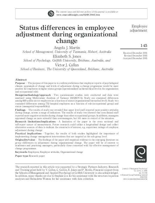 (PDF) Status differences in employee adjustment during organizational ...