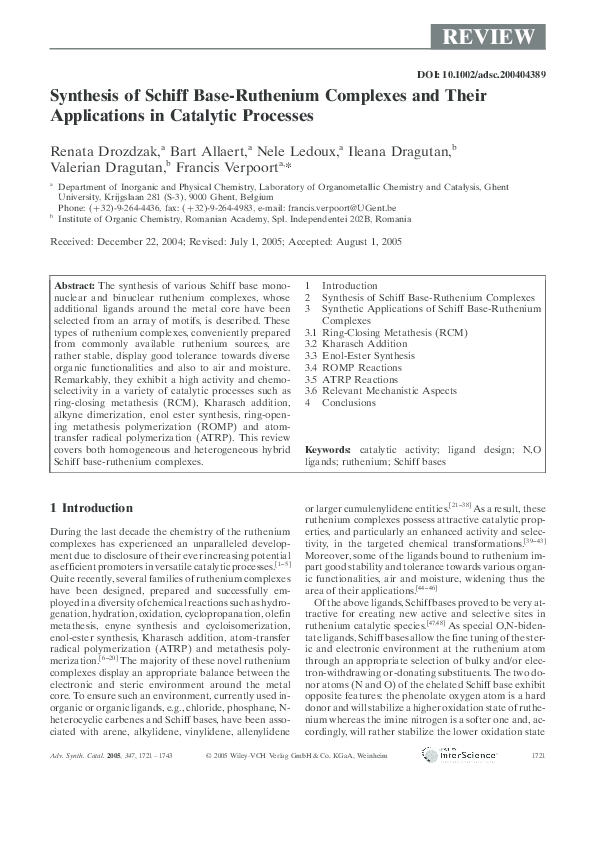 (PDF) Synthesis of Schiff Base-Ruthenium Complexes and Their Applications in Catalytic Processes ...