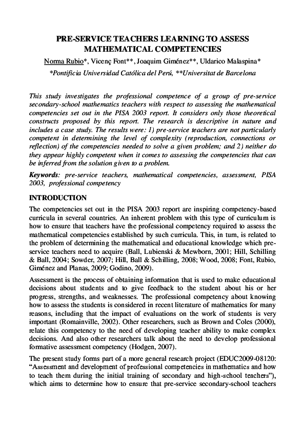 (PDF) PRE-SERVICE TEACHERS LEARNING TO ASSESS MATHEMATICAL COMPETENCIES