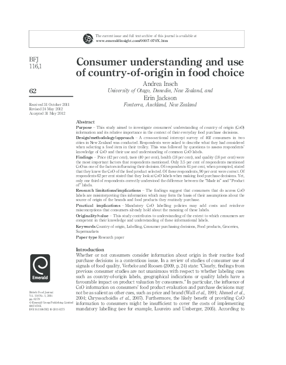 (PDF) Consumer understanding and use of country-of-origin in food choice
