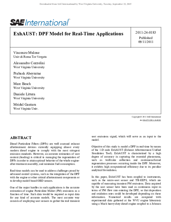 (PDF) Exhaust: DPF Model for Real-time Applications