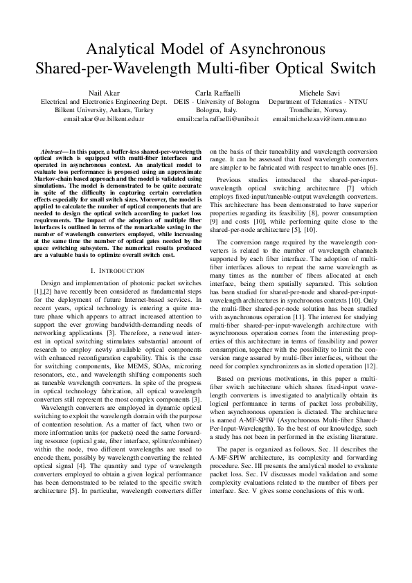 (PDF) Analytical model of asynchronous shared-per-wavelength multi-fiber optical switch