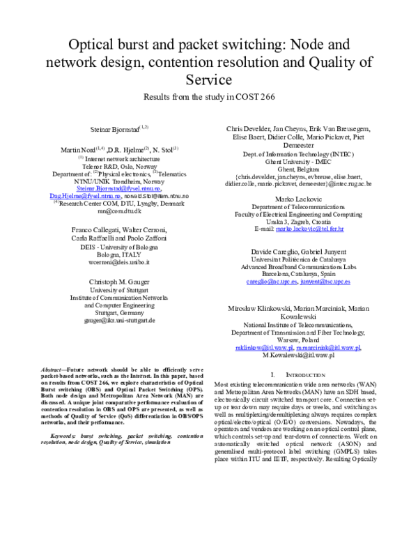 (PDF) Optical burst and packet switching: node and network design, contention resolution and ...