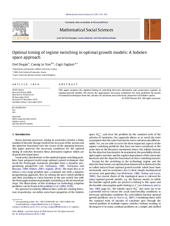 (PDF) Optimal timing of regime switching in optimal growth models: A Sobolev space approach
