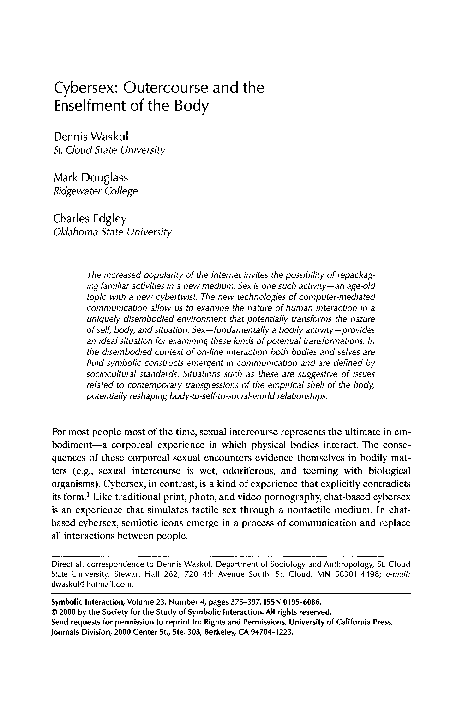 (PDF) Cybersex: Outercourse and the Enselfment of the Body