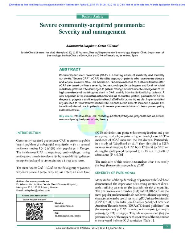 (PDF) Severe community-acquired pneumonia: Severity and management