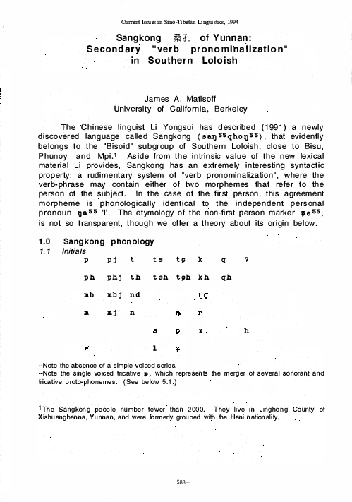 (PDF) Sangkong of Yunnan: secondary verb pronominalization in Southern ...