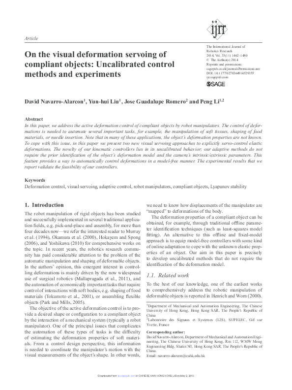 (PDF) On the visual deformation servoing of compliant objects: Uncalibrated control methods and ...