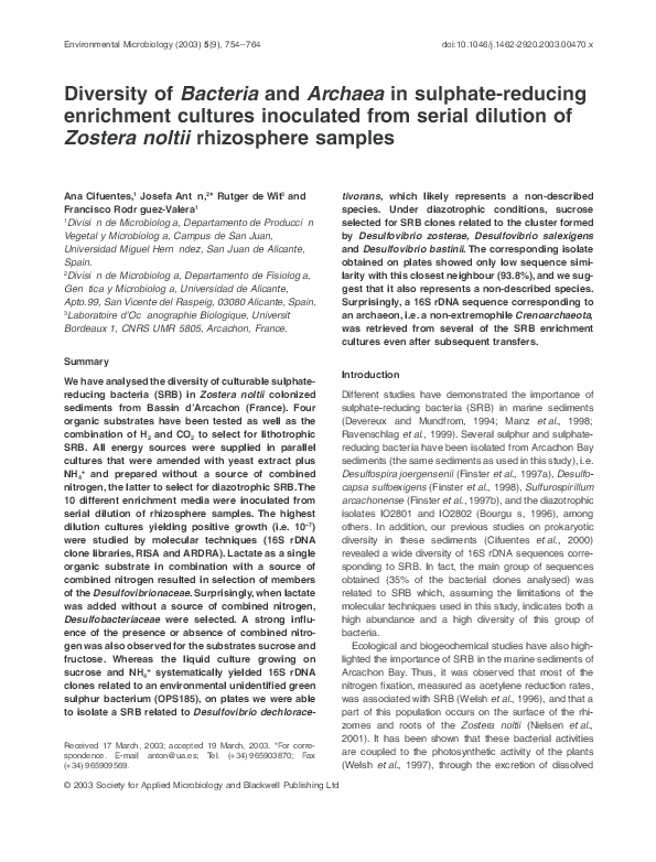 (PDF) Diversity of Bacteria and Archaea in sulphate-reducing enrichment cultures inoculated from ...