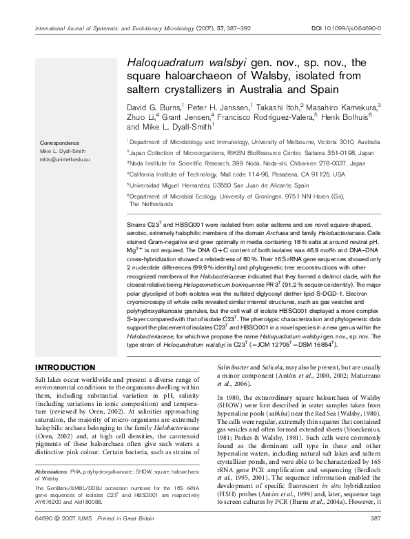 (PDF) Haloquadratum walsbyi gen. nov., sp. nov., the square ...