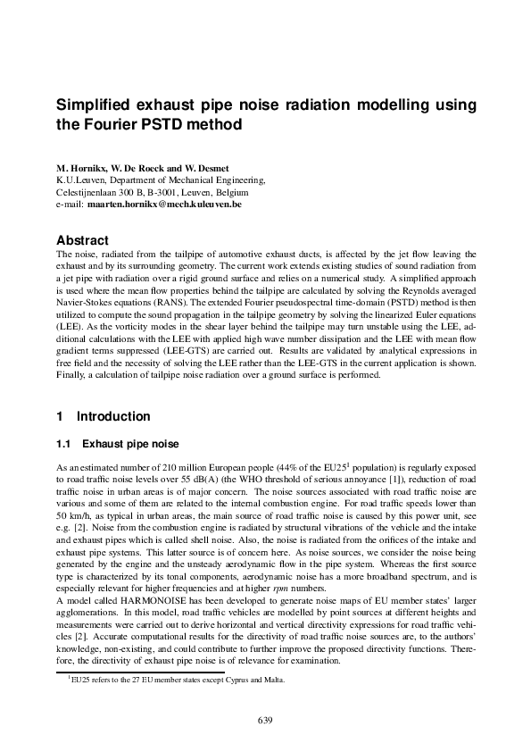 (PDF) Simplified exhaust pipe noise radiation modelling using the Fourier PSTD method | Wim De ...