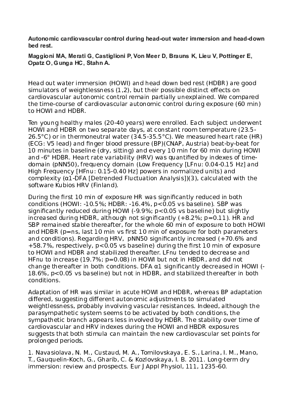 (DOC) AUTONOMIC CARDIOVASCULAR CONTROL DURING HEAD-OUT WATER IMMERSION ...