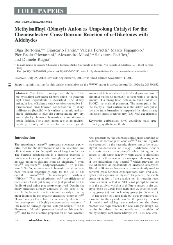 (PDF) ChemInform Abstract: Methylsulfinyl (Dimsyl) Anion as Umpolung ...