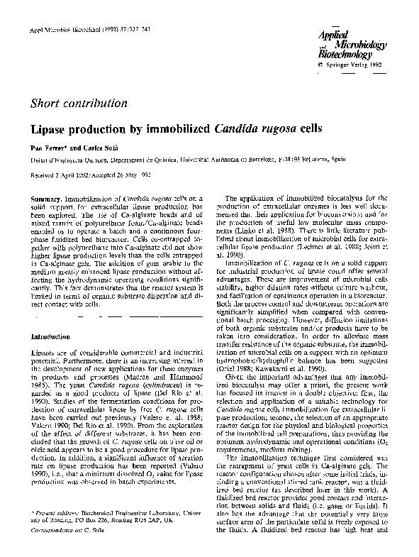 (PDF) Lipase production by immobilized Candida rugosa cells | Pau ...