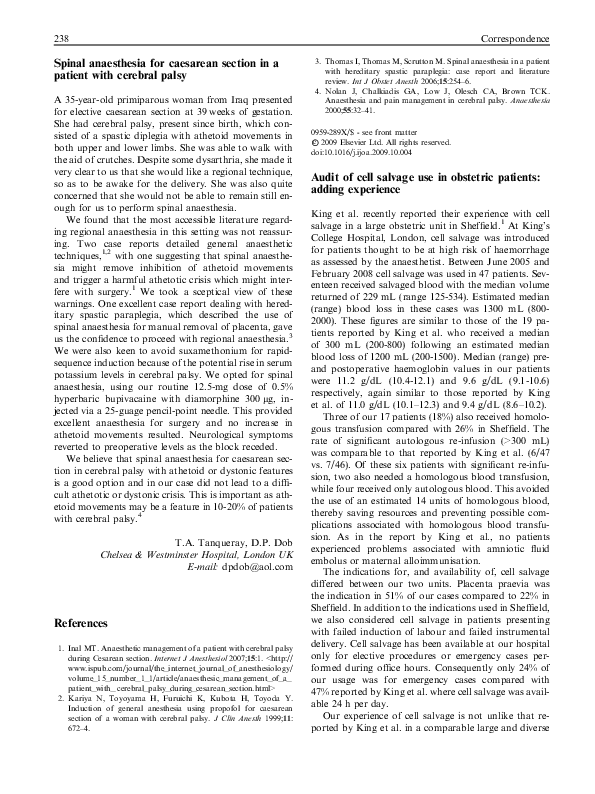 (PDF) Spinal anaesthesia for caesarean section in a patient with ...