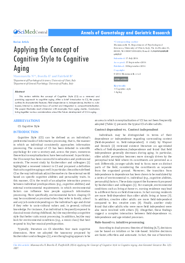 (PDF) Applying the concept of cognitive style to cognitive aging