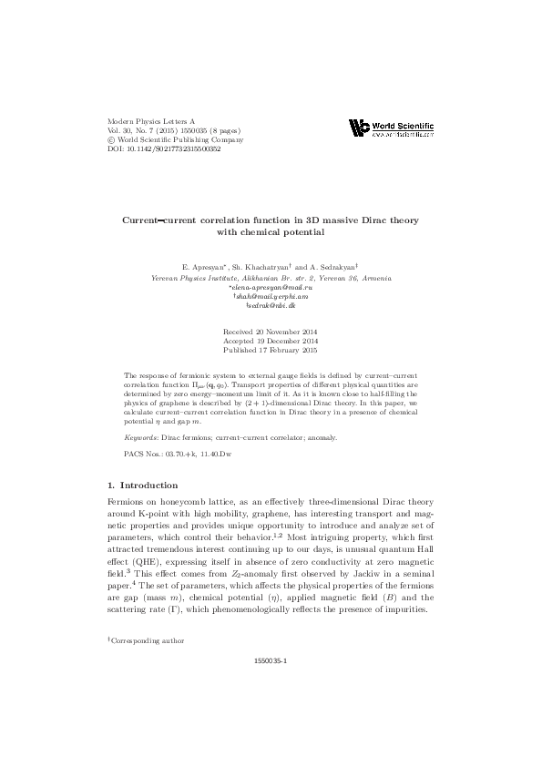 (PDF) Current–current correlation function in 3D massive Dirac theory ...