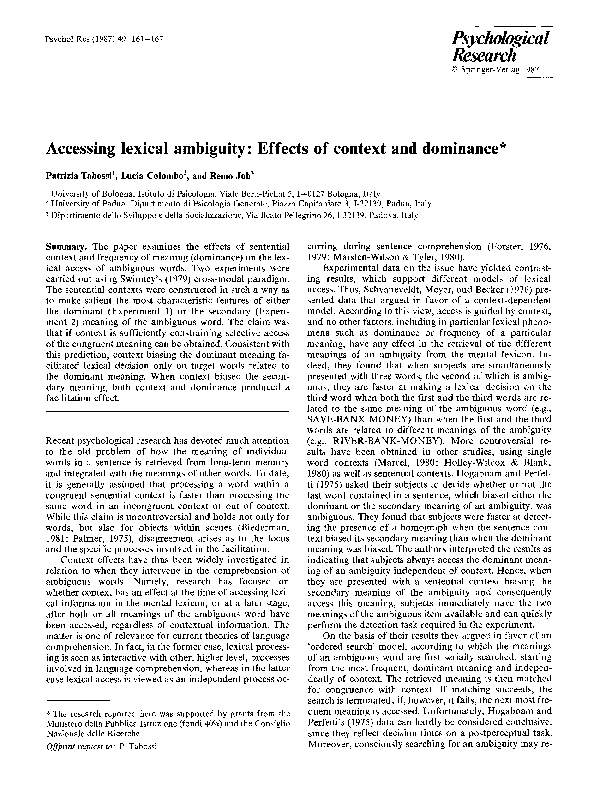(PDF) Accessing lexical ambiguity: Effects of context and dominance