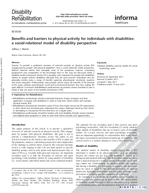 (PDF) Benefits and barriers to physical activity for individuals with ...