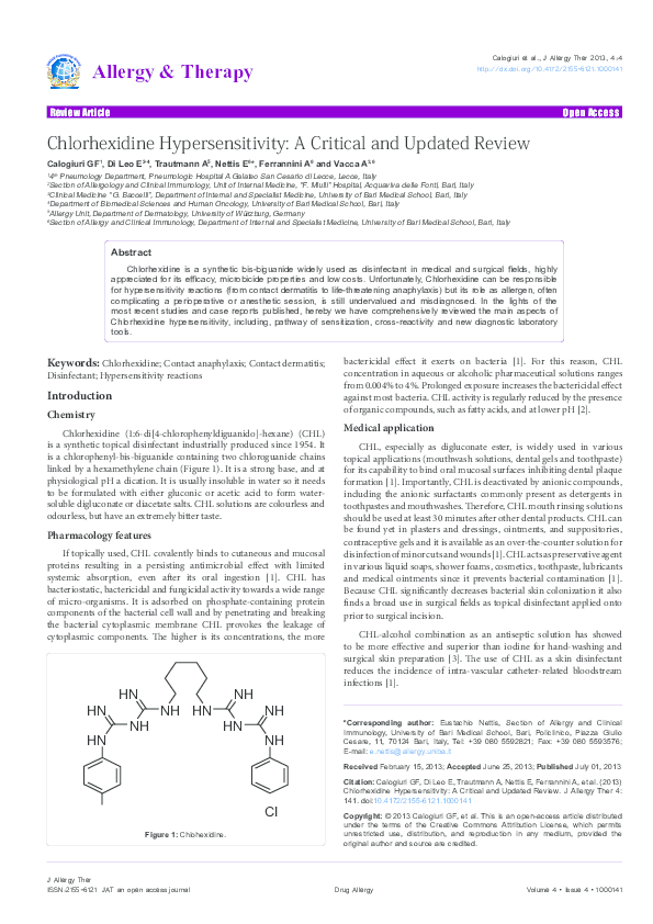 (PDF) Chlorhexidine Hypersensitivity: A Critical and Updated Review