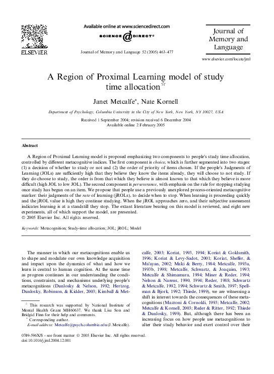 (PDF) A Region of Proximal Learning model of study time allocation