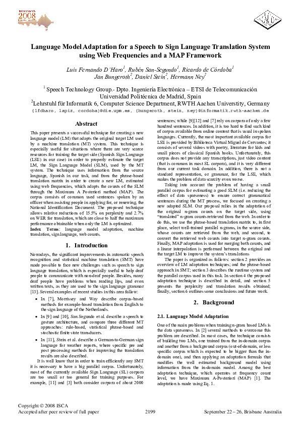 (PDF) Language model adaptation for a speech to sign language translation system using web ...