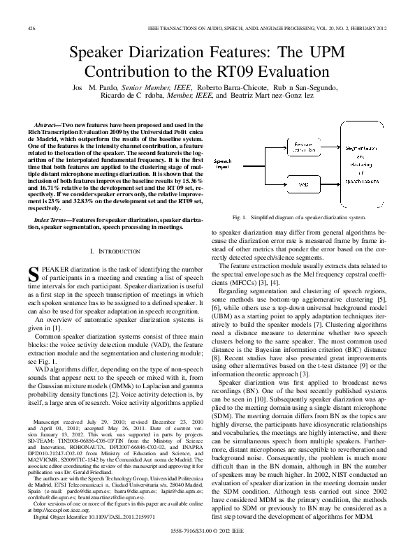 (PDF) Speaker Diarization Features: The UPM Contribution to the RT09 Evaluation