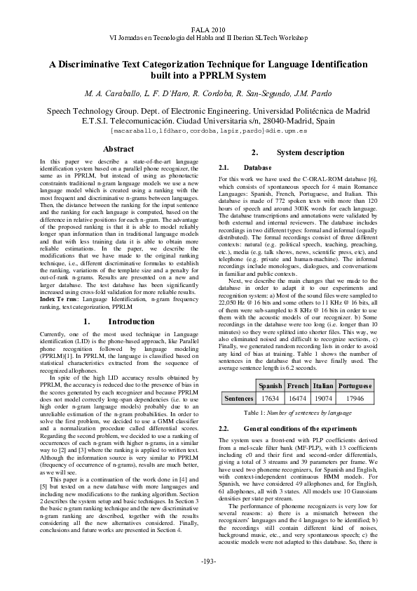 Pdf A Discriminative Text Categorization Technique For Language