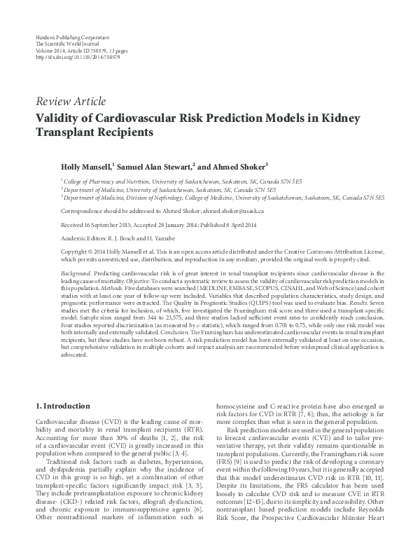 (PDF) Validity of Cardiovascular Risk Prediction Models in Kidney Transplant Recipients