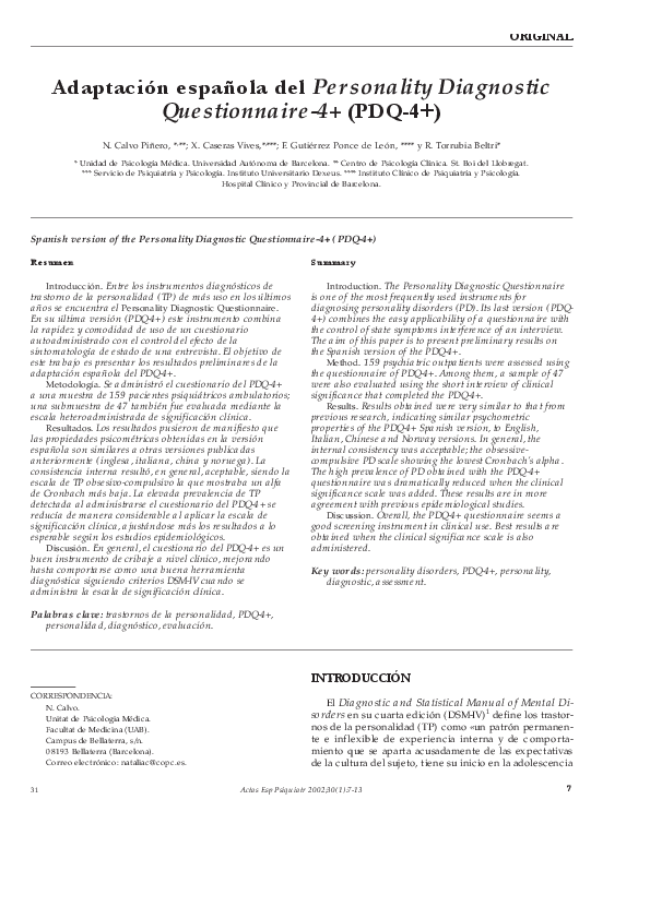 (PDF) Adaptación española del Personality Diagnostic Questionnaire-4 ...