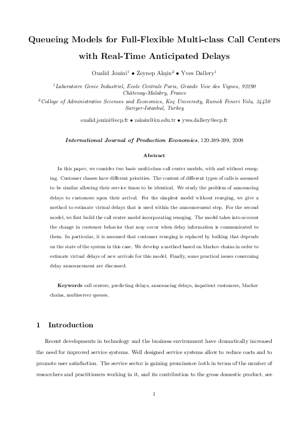 (PDF) Queueing models for full-flexible multi-class call centers with real-time anticipated delays