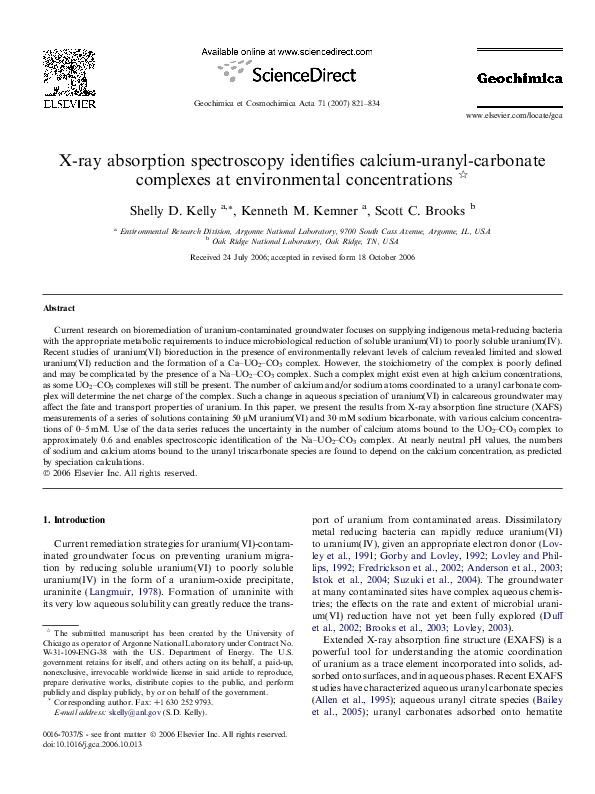 (PDF) X-ray absorption spectroscopy identifies calcium-uranyl-carbonate ...