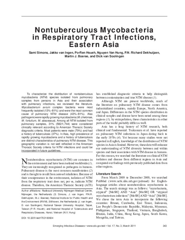 (PDF) Nontuberculous Mycobacteria in Respiratory Tract Infections, Eastern Asia