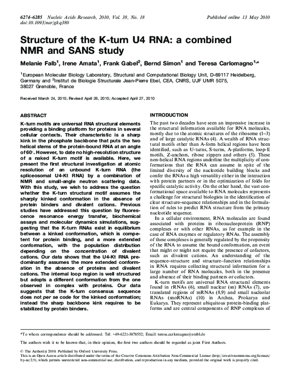 (PDF) Structure of the K-turn U4 RNA: a combined NMR and SANS study