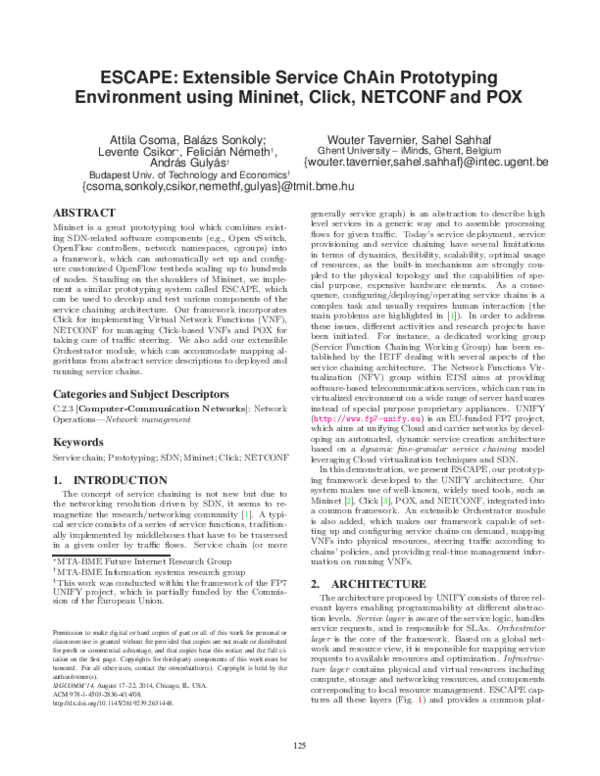 (PDF) ESCAPE: extensible service chain prototyping environment using mininet, click, NETCONF and POX