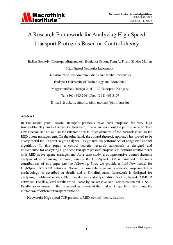 A Research Framework For Analyzing High Speed Transport Protocols Based On Control Theory