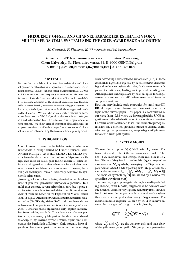 (PDF) Frequency offset and channel parameters estimation for a multi-user DS-CDMA system using ...