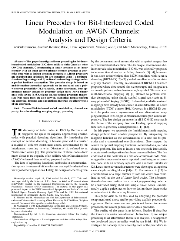 (PDF) Linear Precoders for Bit-Interleaved Coded Modulation on AWGN Channels: Analysis and ...