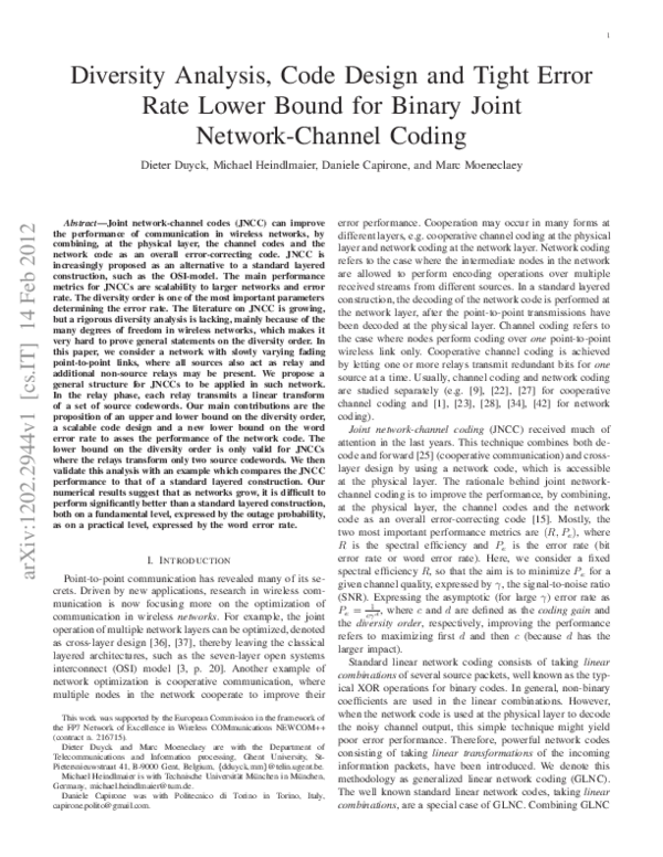 (PDF) Diversity analysis, code design, and tight error rate lower bound for binary joint network ...